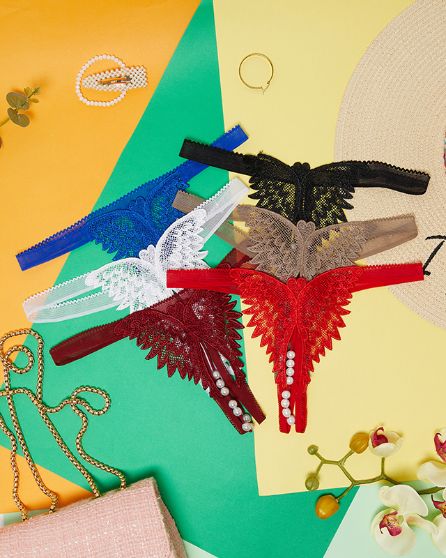 Damen-Strings mit Spitze und Perlen 6/Pack- Unterwäsche ...