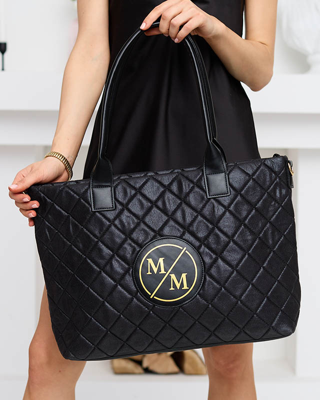 Schwarze, gesteppte Shopper-Tasche für Damen mit goldenem Aufnäher ...